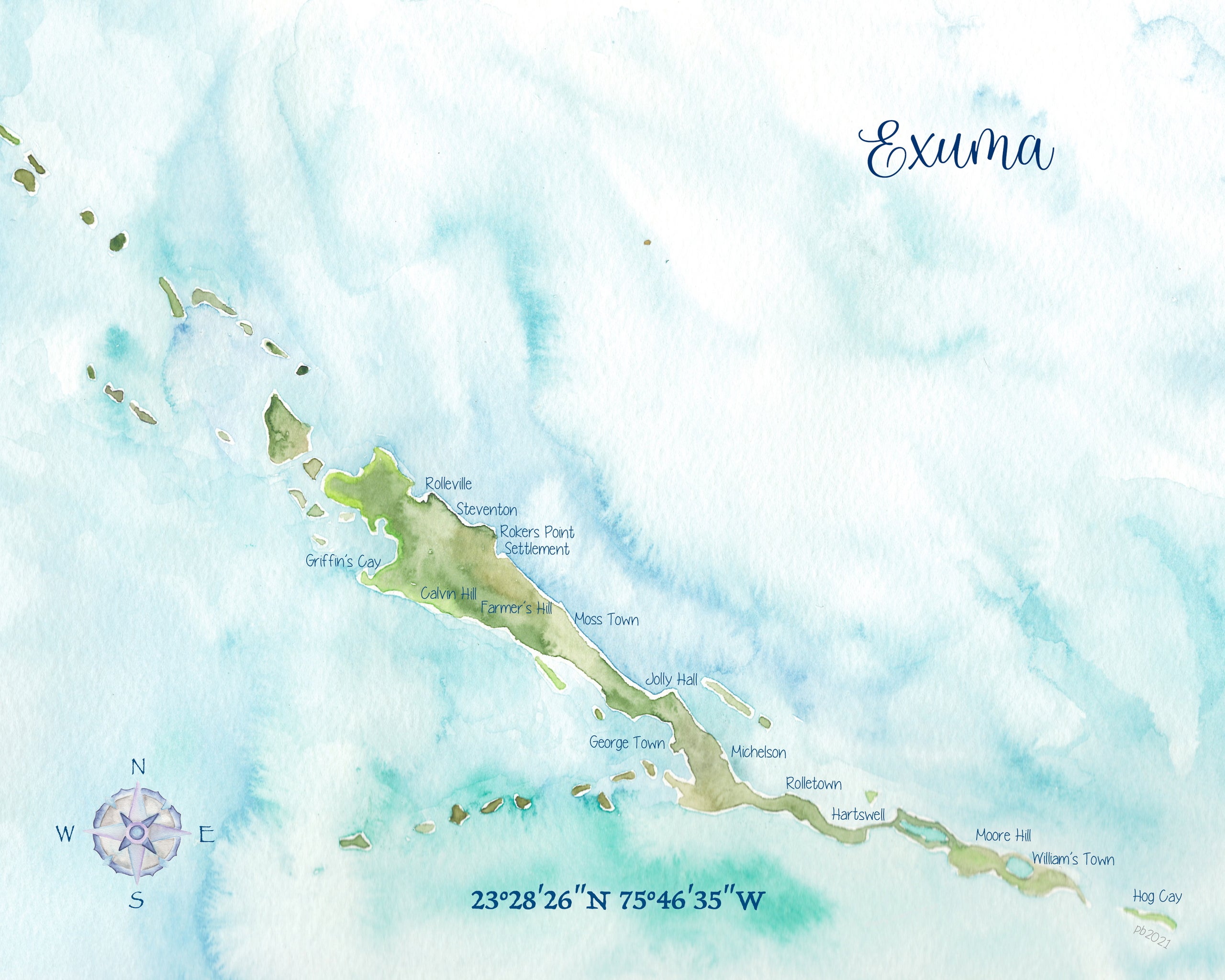 Exuma Bahamas Watercolor Map | Molly Joseph Fine Art